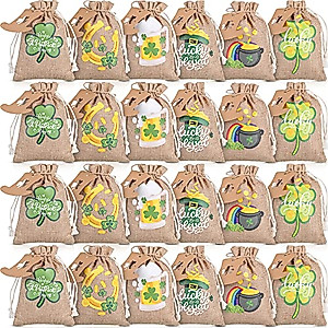 24 Pack St. Patricks Day Burlap Gift Bags Saint Patrick's Day Party Favor Bags Irish Shamrock Burlap Bags Rustic Small Treat Bags with Drawstring Gift Tag and Rope for St. Patricks Day Party Supplies