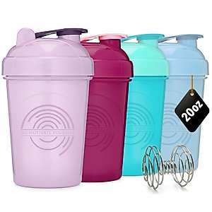 GOMOYO 4-Pack - 20 Ounce Shaker Bottle, Protein Shaker Whisk, Bulk Protein Drink and Pre-Workout Shaker Cups, Dishwasher Safe & BPA Free