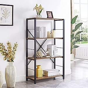 FOLUBAN 4 Tier Open Bookshelf, Vintage Free Standing Book Shelf, Rustic Wood and Metal Bookcase for Home Office, Oak