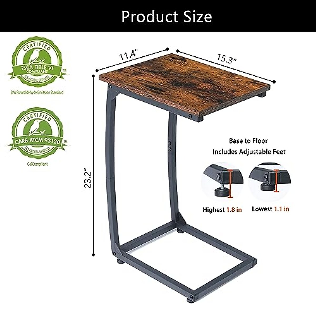 LAKEMID C Shaped End Table Side Table of 2, Small Sofa Table with Metal Frame for Living Room Bedroom Small Spaces (Rustic Brown)