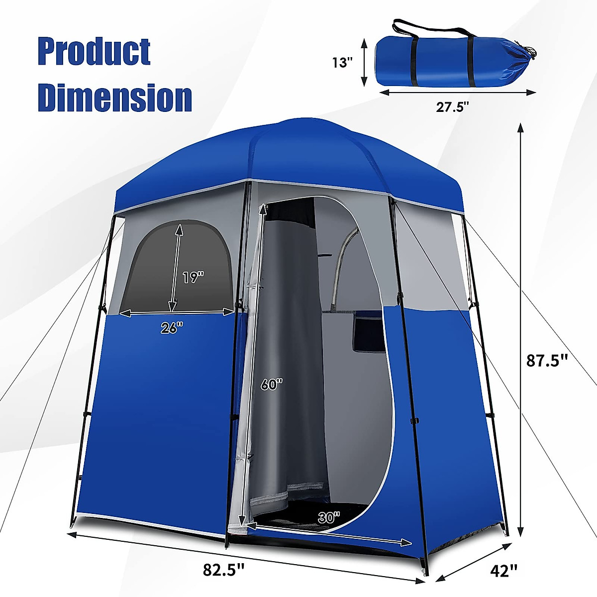 Tangkula Double-Room Shower Tent, Oversize Space Privacy Tent for Camping with Floor, Portable Camping Changing Tent with Removable Rain Fly, Storage Bag for Dressing, Toilet