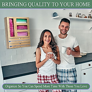 SWILLT - Premium Bamboo Ziplock Bag Organizer for Kitchen Drawer Organizer or Pantry Wall [Exclusive 3 Layer Top Design] -Integrated 2 in 1 Aluminum Foil and Plastic Wrap Dispenser with Cutters- The Perfect Deals/ Holiday Organization Gift