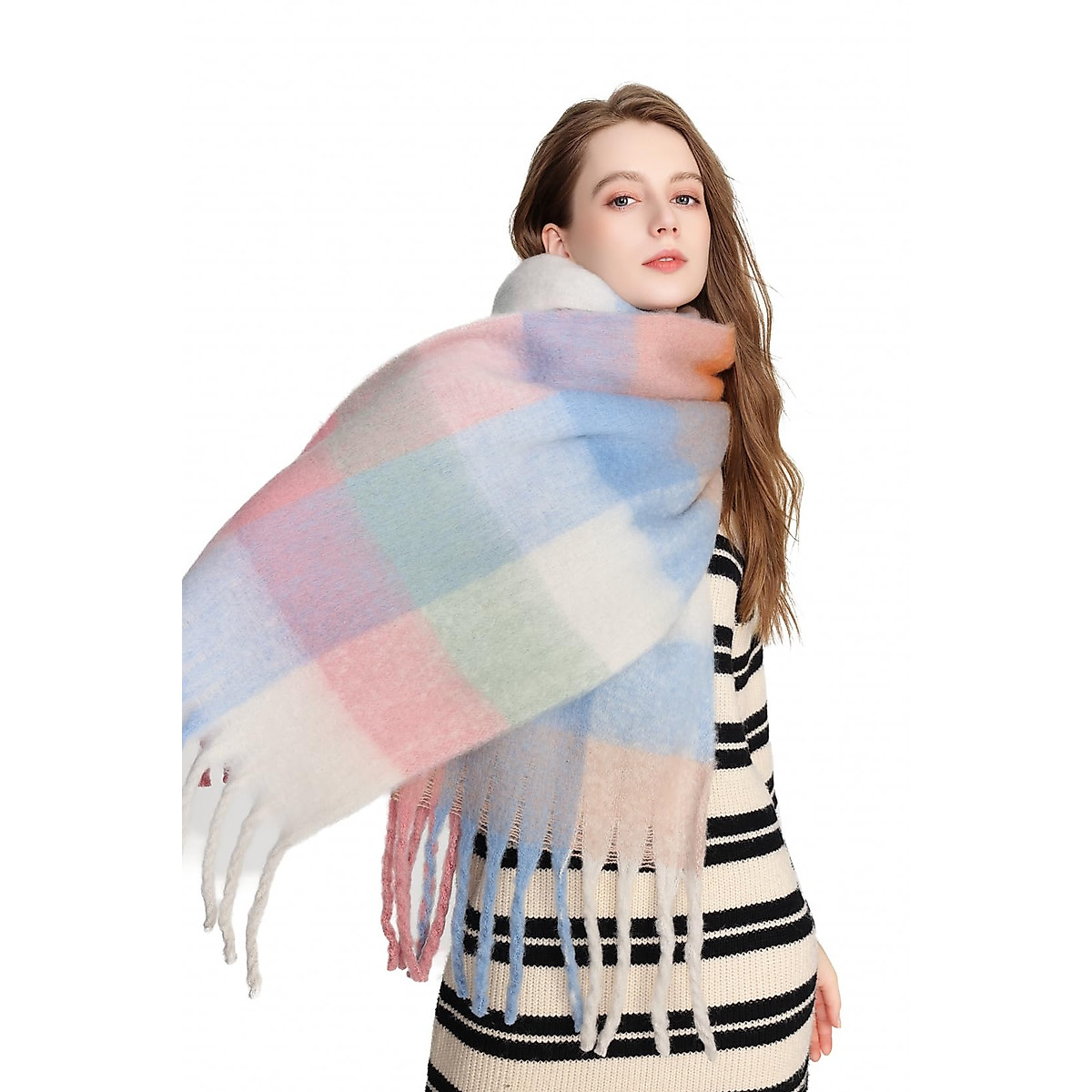 Yatemiole Women's Cashmere Big Coloured Checked Scarf Winter Warm Wrap Scarf (Pattern - 16)