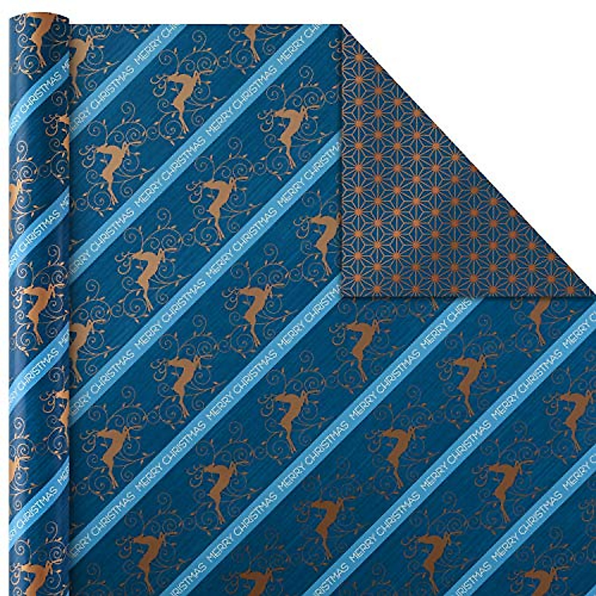 Hallmark Reversible Christmas Wrapping Paper Bundle, Elegant Blue and Gold (4 Rolls: 150 sq. ft. ttl.) Dark Blue, Gold, Teal Snowflakes, Peace, Stripes, Geometric