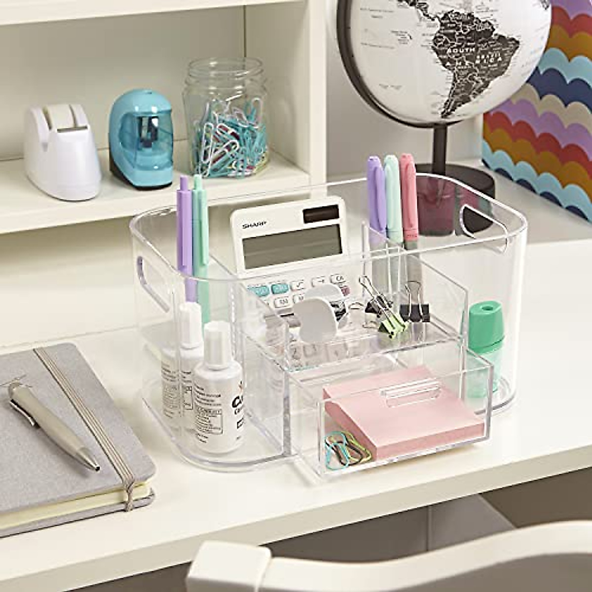 STORi Bliss 4-Compartment Plastic Vanity Organizer with Small Accessory Drawer in Clear | Rectangular Makeup, Skincare, & Cosmetic Storage Bin with Pass-Through Handles | Made in USA
