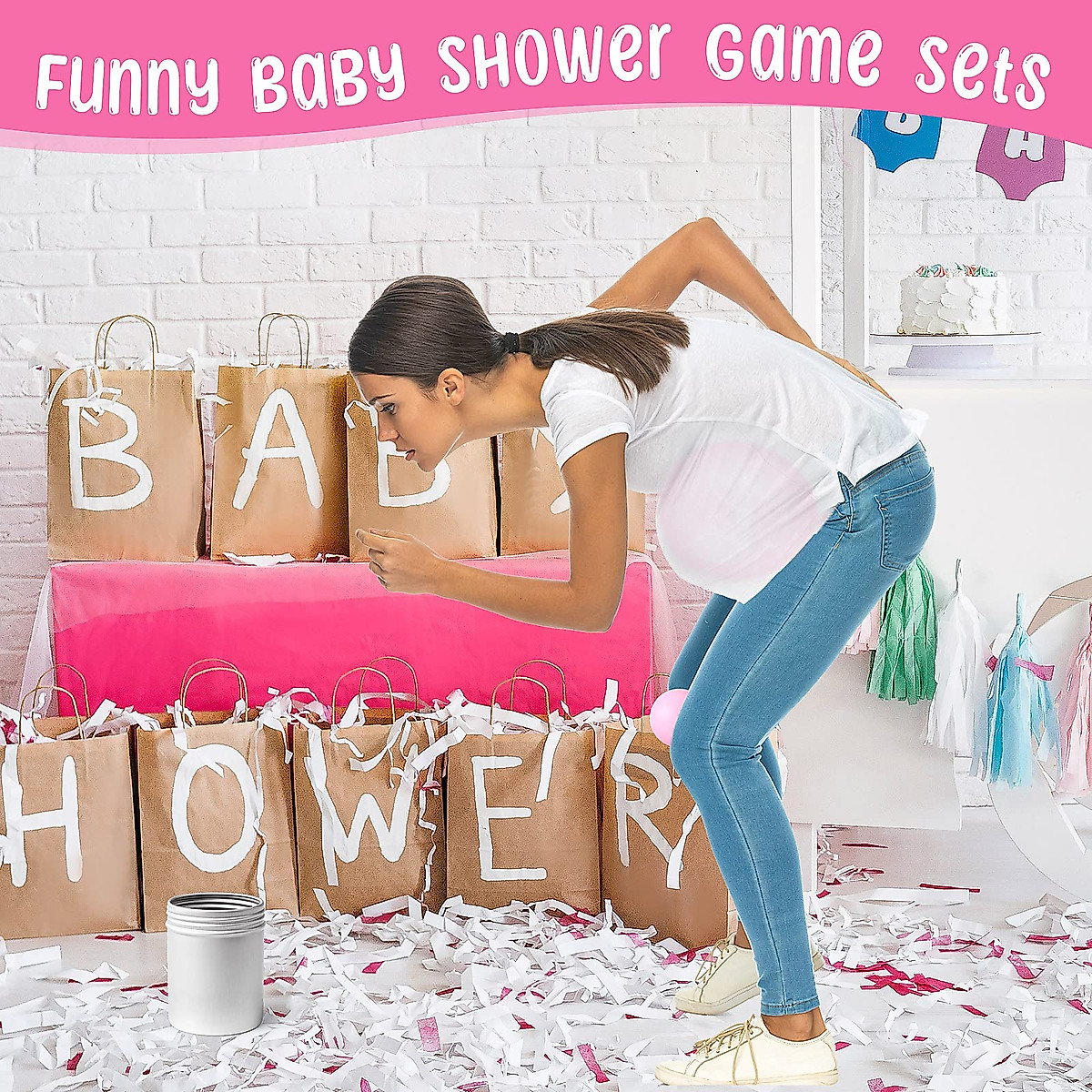 Tatuo 71 Baby Shower Game Sign Wooden Baby Shower Sign Tinkle in the Pot Game Sign Gender Reveal Party Favors 20 Table Tennis Pink Balls 50 Pink Balloon Baby Latex Balloon for Baby Shower Game