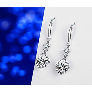 Drop Dangle Earrings 925 Sterling Silver Hook with 9MM 2.75ct CZ and 2pcs Small Cubic Zirconia Design 14K White Gold Plated Hypoallergenic Gorgeous Gift for Women and Girls (White gold)