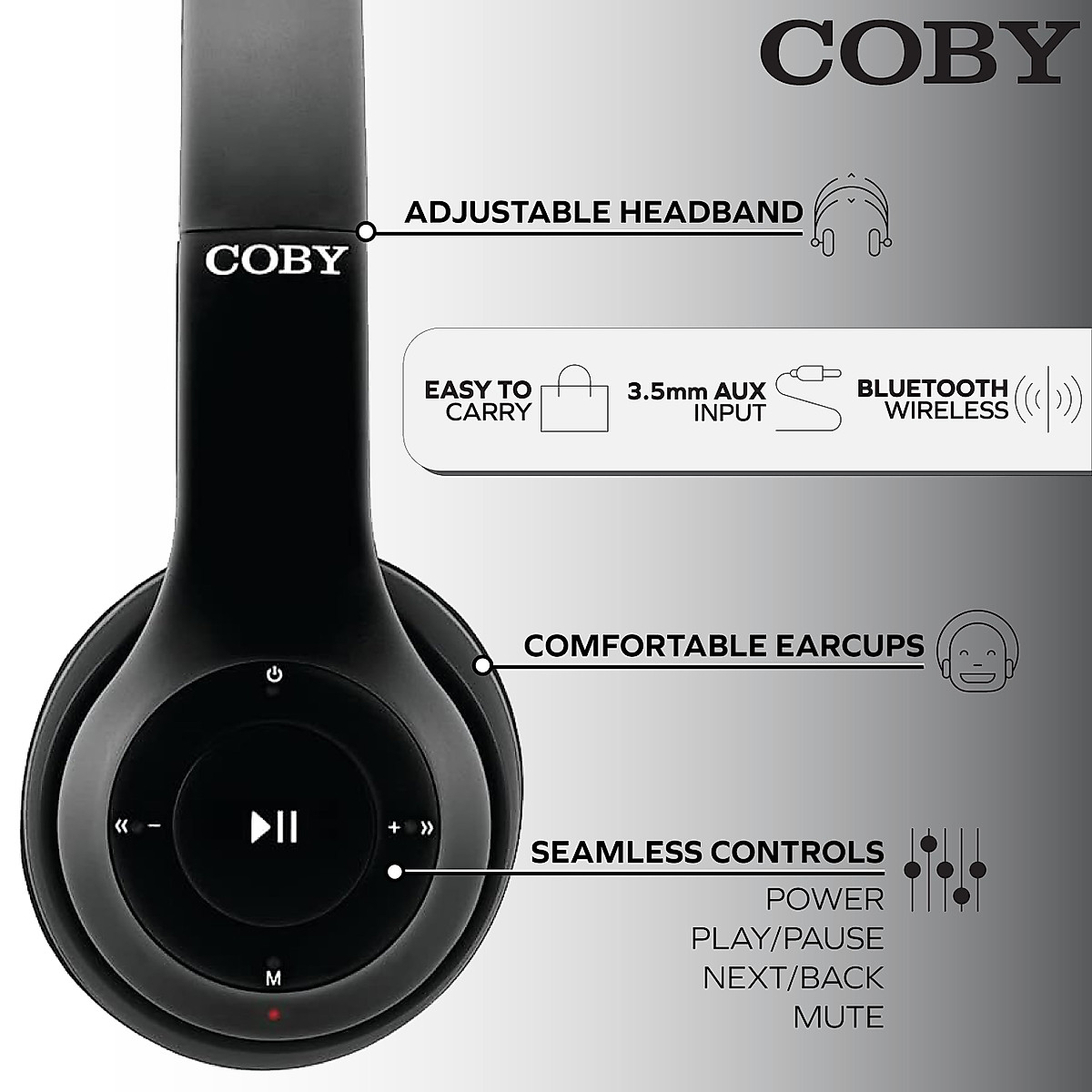 Coby Bluetooth Headphones, Wireless Headphones with Mic Built-in, AUX, Hands-Free Calling, Over-Ear Foldable Headset, Rechargeable, 5-HR Play