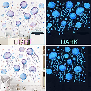 4 Sheets Starry Sky Jellyfish Wall Sticker Glow in The Dark Wall Stickers Planet Blue Luminous Wall Decals DIY Peel Stick Art Decor for Walls Ceiling Kids Bedroom Living Room Nursery Girls and Boys (Blue)