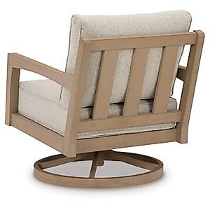 Signature Design by Ashley Hallow Creek Cottage Weather Resistant Outdoor Swivel Lounge with Cushion, Light Brown & Beige