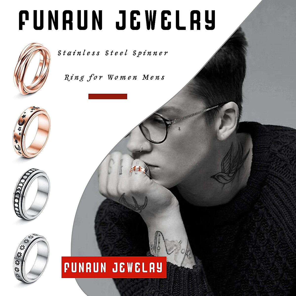 FUNRUN JEWELRY 4Pcs Stainless Steel Fidget Anxiety Ring for Women Men Fidget Spinner Rings Moon Star Celtic Stress Relieving Spinning Ring Wedding Band Rings Set Size 9(RG)