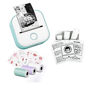 Memoking T02 Portable Small Printer with 3 Rolls Paper, Sticker Printer Machine for Study, Notes, Pictures, Photos, Journals, DIY and White Sticky Paper
