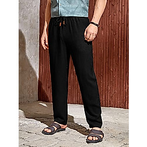 Mens Drawstring Linen Pants Relaxed Fit Elastic Waist Casual Pants Lightweight Yoga Beach Trousers Black