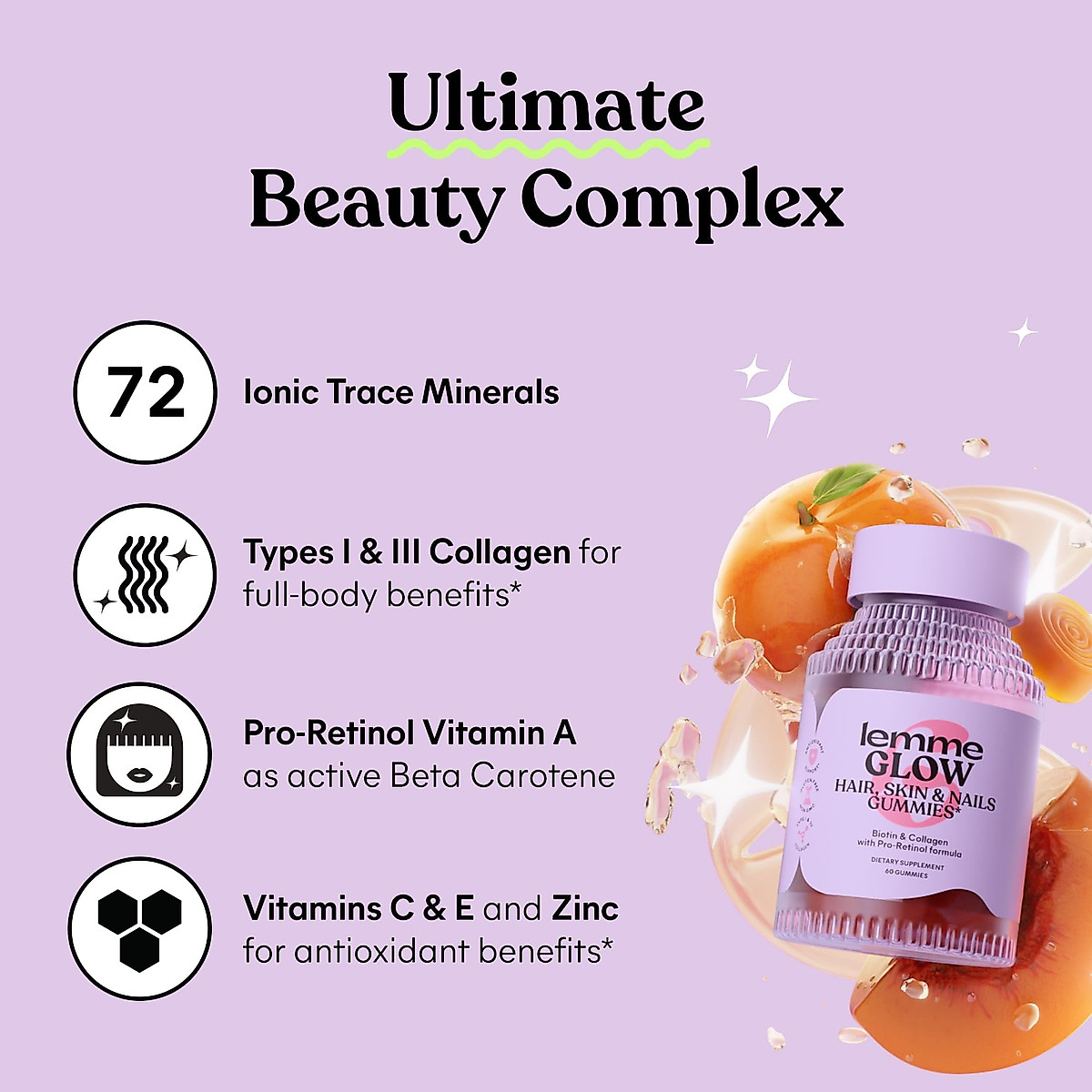 Lemme Glow Collagen Gummies for Thick Hair, Strong Nails & Healthy Skin with Multi-Collagen Peptides, Biotin, Trace Minerals, Zinc, Vitamins A, C & E, Dairy & Gluten Free, Peach Flavor, 60 ct.