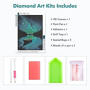 MOGTAA Starry Night Diamond Art Painting Kits for Adults, Canoe Lake Moon Diamond Painting Kits for Beginners, DIY 5D Diamond Dots Kits Landscape Gem Craft for Home Art Decor 12x16 inch