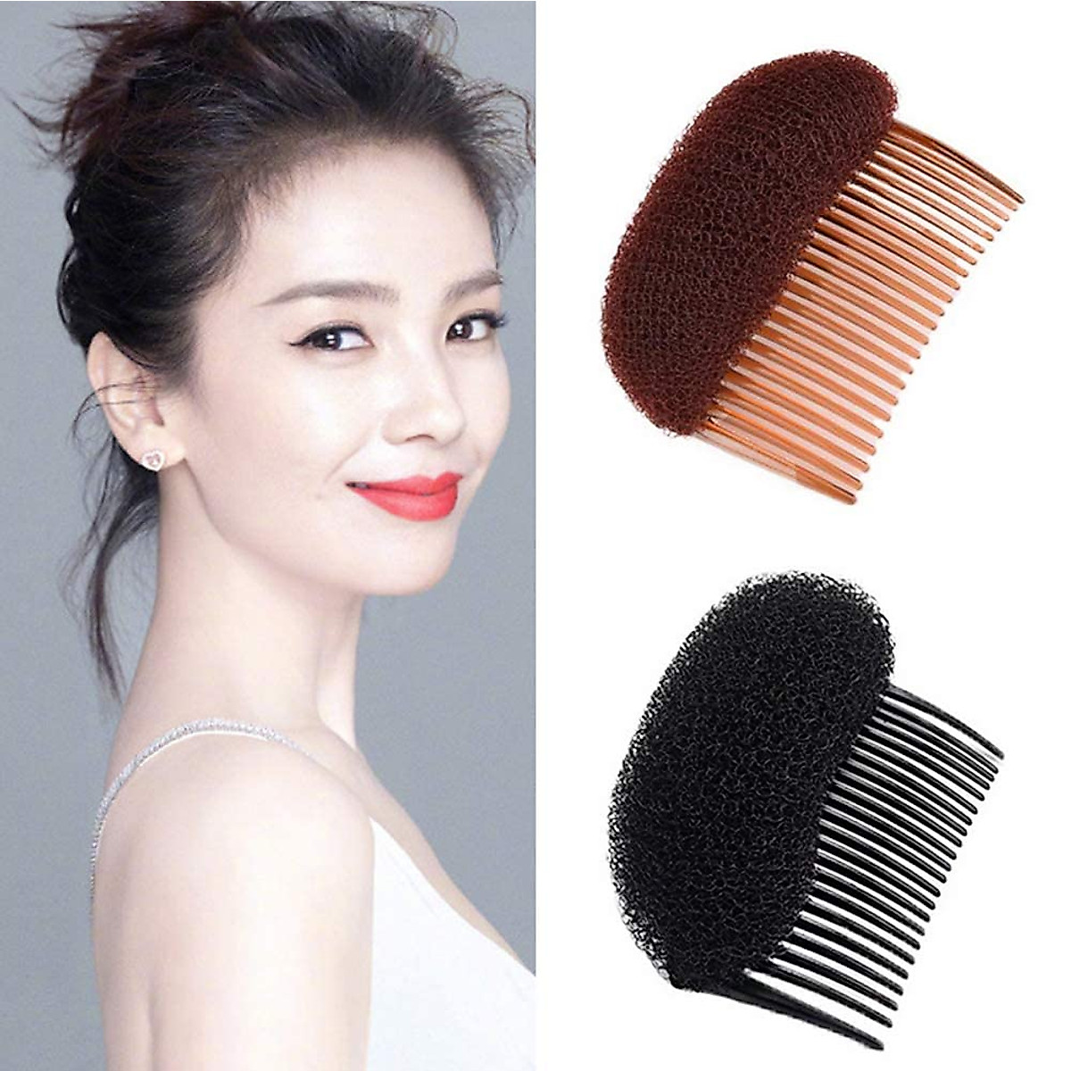 2PCS Women Lady Girls Soft Sponge Foam Hair Base Inserts Bump Up Hair Pads Stick Bun Maker Hair Styling Clip Hair Comb Braid Tool Hair Styling Accessories Brown