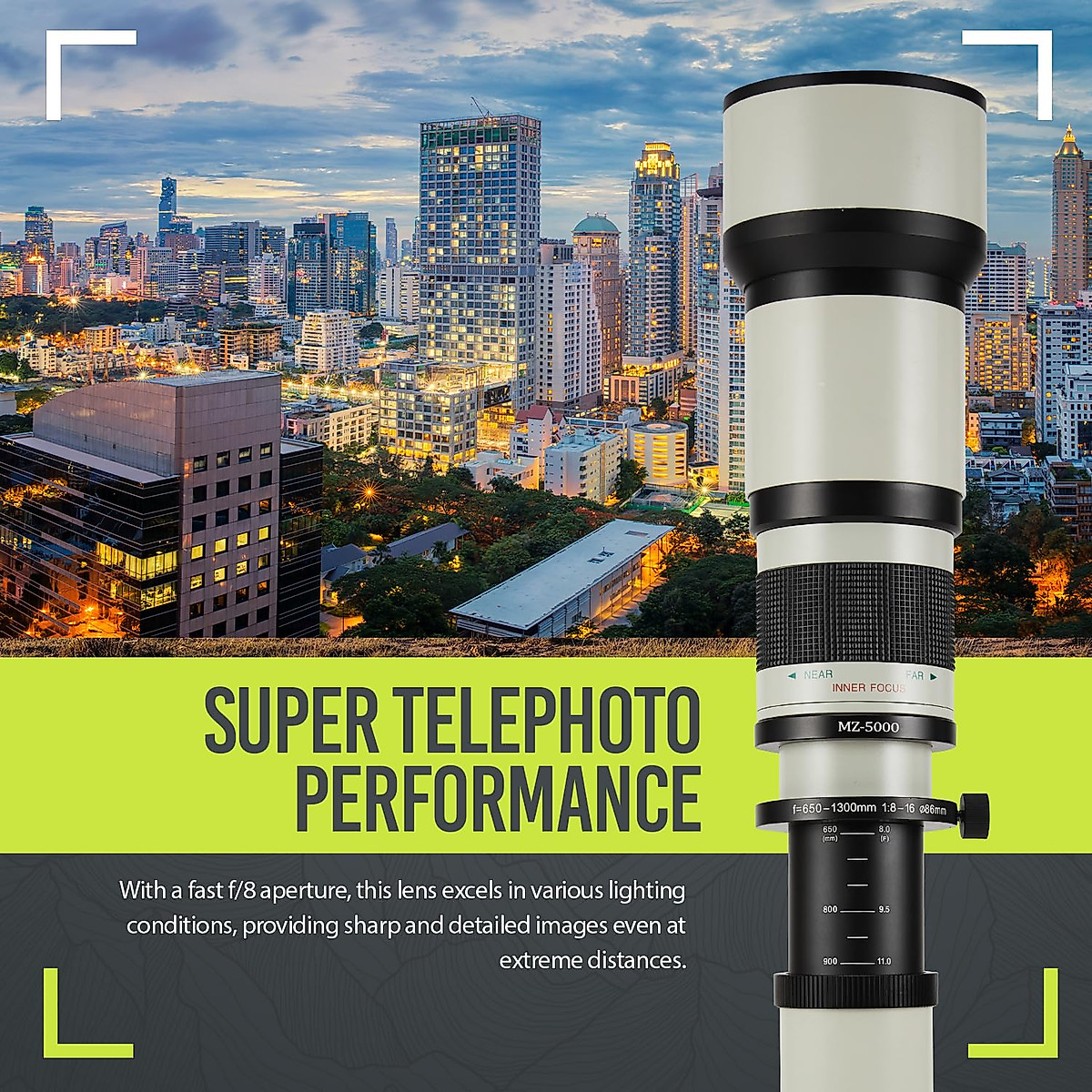 High-Power 650-2600mm f/8 Manual Telephoto Lens for Canon EOS 80D, 90D, Rebel T3i, T5, T6i, T7, T8i, SL3, 60D, 70D, 5D, 6D II, 7D II SLR Cameras - White