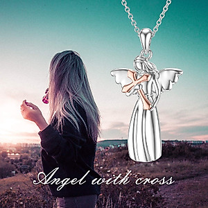 SIMONLY Mother's Day Gifts Angel Necklace Cross Necklace 925 Sterling Silver Angel Wings Pendant Faith Jewelry for Women