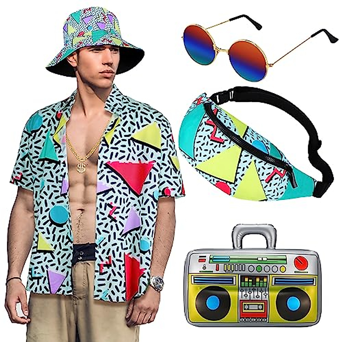 Xtinmee 6 Pcs 80s 90s Costume Hip Hop Outfit Set for Men Funny Rapper Rocker DJ Accessories Kit for Halloween Cosplay Party (Green,Large)