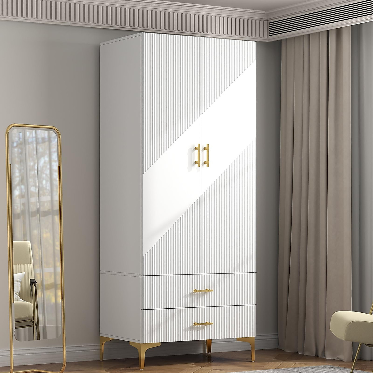 vinform Wardrobe Armoire with 2 Doors, 2 Drawers and Hanging Rods, Twill Wood Closet Storage with Metal Cabinet Legs, White 20.4" D x 31.5" W x 76.77" H (Left Modern)