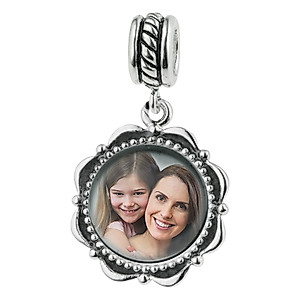 Qina C Sterling Silver Custom Personalized Dangle Photo Flower Frame Bead F/European Charm Bracelet Gift f/Family Friend Wife Daughter