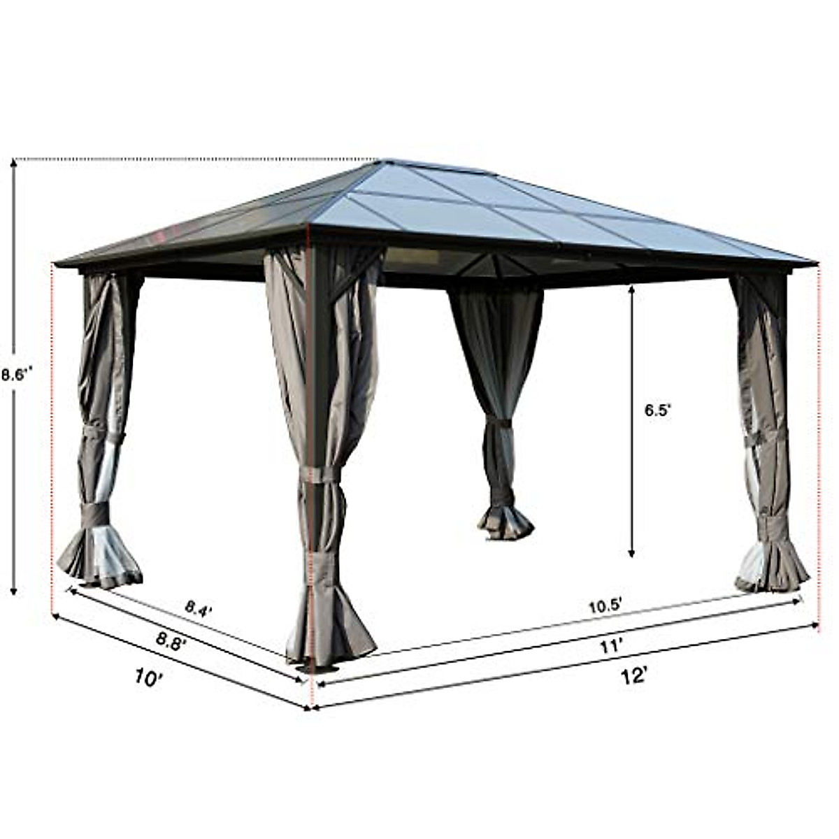 Kozyard Permanent Aluminum Hardtop Gazebo with Composite Polycarbonate Top for Outdoor Patio Lawn and Garden, Curtains and Netting Included (Edward 10ftx12ft)