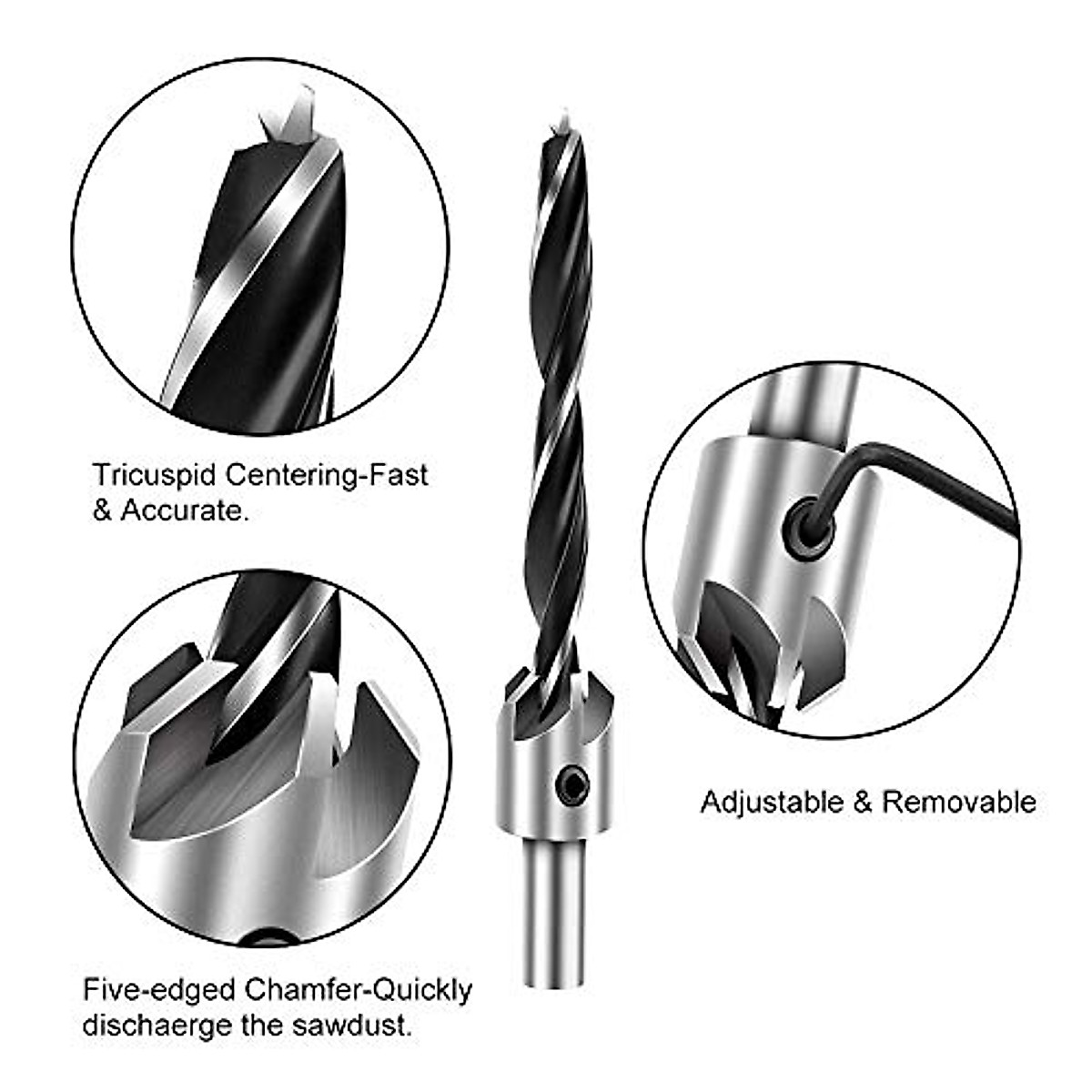 Countersink Drill Bit Set, 4Pcs Woodworking Chamfer High Speed Steel Countersink Drill Bits 3 4 5 6 mm with L-Shape Hex Wrench