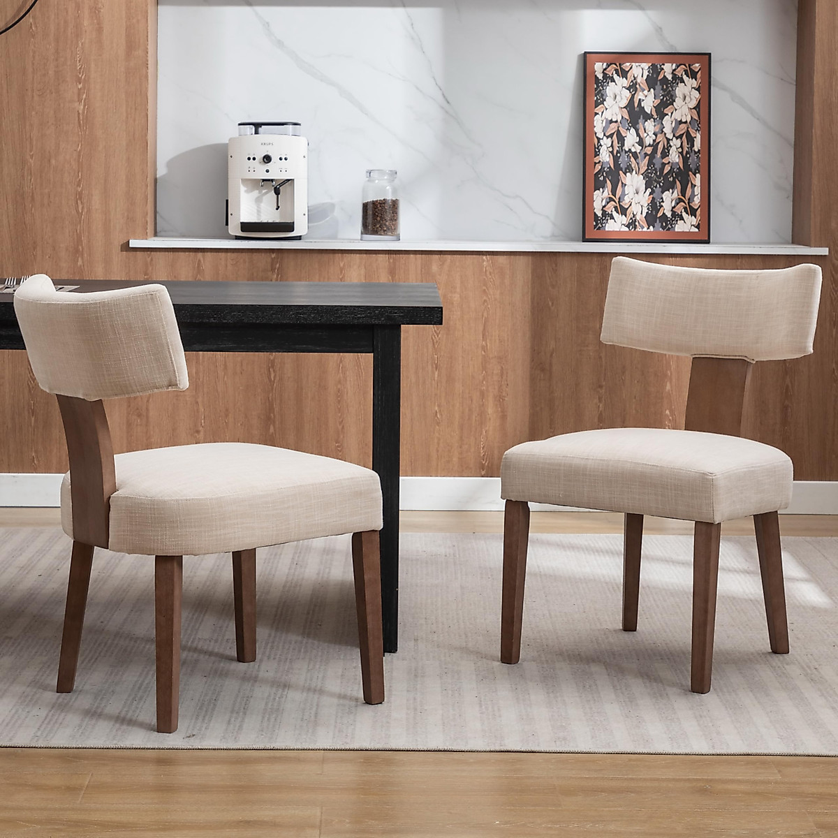 RIVOVA Mid Century Modern Dining Chairs Set of 2 Upholstered Linen Fabric Dining Chairs Curved Backrest Farmhouse Dining Room Chairs Kitchen Chairs with Wood Legs, Beige