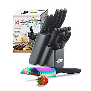 KYA25 Rainbow Color Knife Block Set + KYA52B 7 PCS Stainless Steel Cooking Utensils Sets with Titanium Plated + KYA59 Titanium Coated Stainless Steel Long Handle Spoons