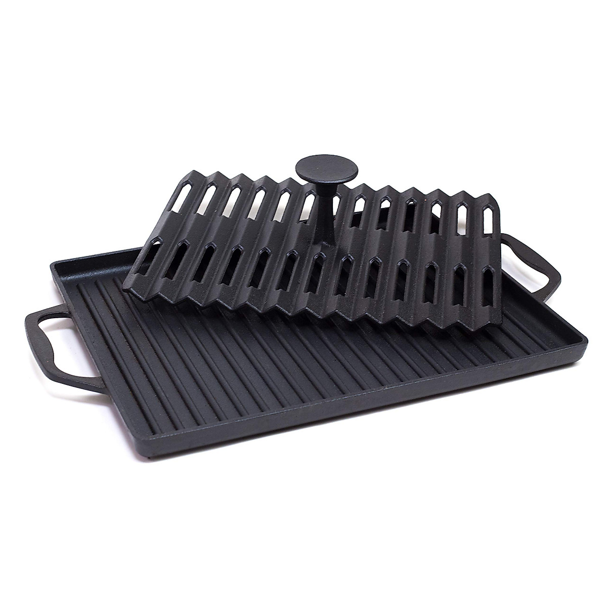 Grillville USA Cast Iron Grill Pan and Press, Indoor/Outdoor Grill Pan and Weighted Press Set, Porcelain Enamel Coating, Use on the Stovetop or Grill, Vented Design Keeps Food Crisp