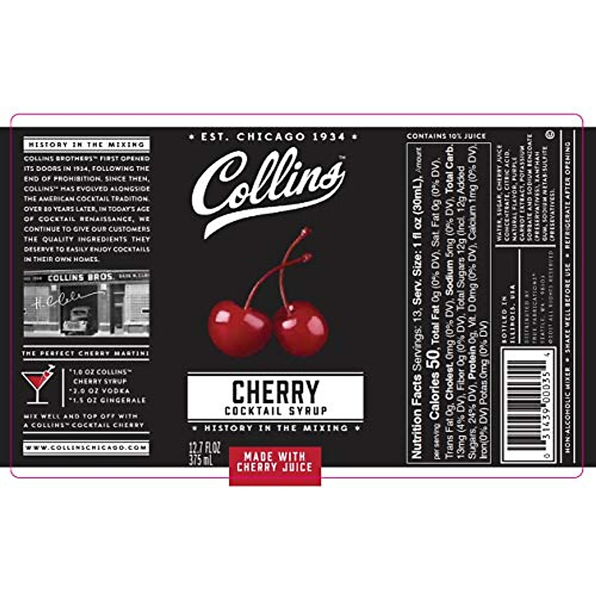 Collins Cherry Syrup, Cherry Simple Syrup, Real Sugar Cocktail Syrups, Soda Water Flavors, Cocktail Mixers, 12.7 Ounces, Set of 1