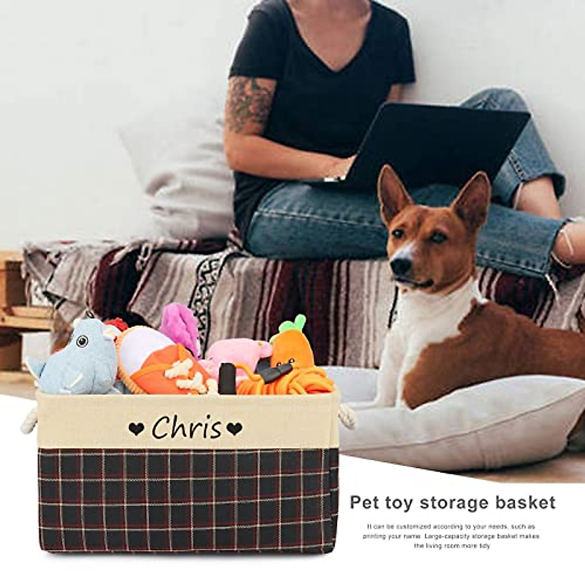 TONYFY Personalized Foldable Storage Basket, Plaid Customized Pet's Name Storage Box with Handles for Organizing Dog Toys, Clothing, Apparel & Accessories (Heart Black Beige-L)