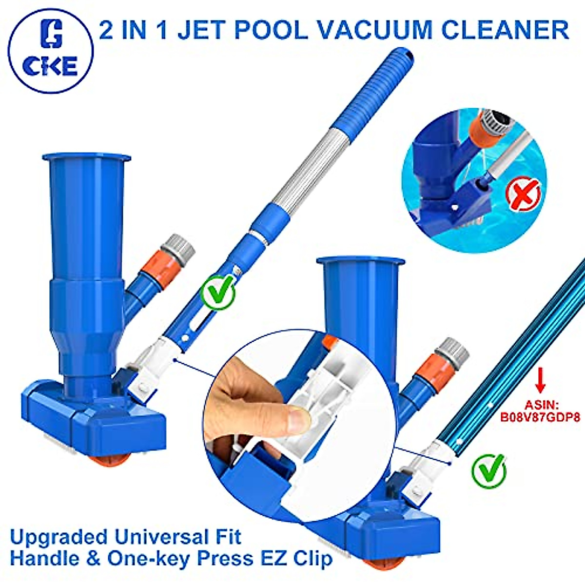 CKE Upgraded Portable 40" Pool Spa Pond Mini Jet Underwater Vacuum Cleaner w/Brush, Bag, Adjustable 3 Piece Expandable Step-Up Thicken Telescopic Pole with Universal Fit Handle-Attaches to Garden Hose