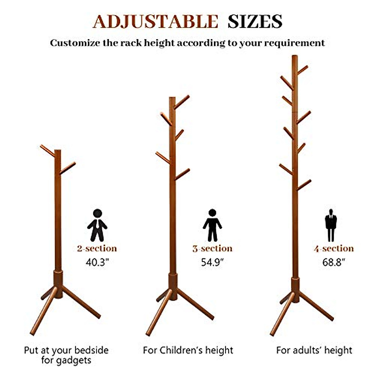 DADILL Wooden Tree Coat Rack with 3 Adjustable Sizes, 8 Hooks, Easy Assembly Free Standing Solid Coat Hanger Stand for Clothes, Garment, Hats, Umbrellas, Scarves in Hallway, Entryway, Dark Walnut