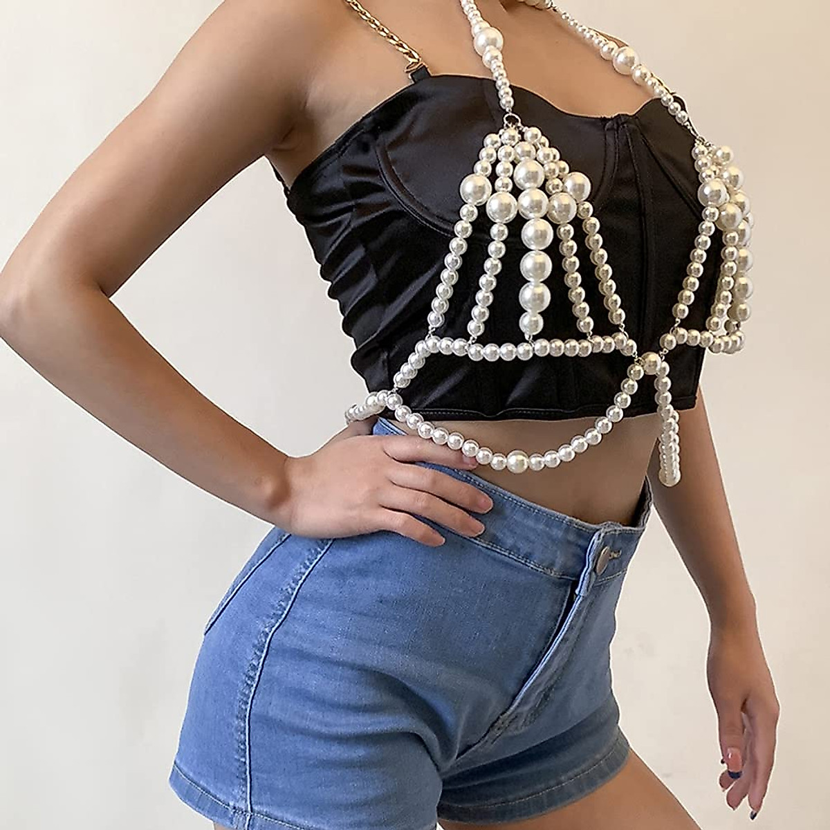 Happyyami Faux Pearl Body Chain Bikini Body Chain Crystal Bra Imitation Pearl Bikini Chain Under Outfit Bra Summer Bikini Women Body Chain Bra Body Lingerie Accessory Body Jewelry Accessory