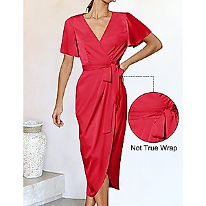 ZESICA Women's Elegant Bodycon Party Dress Satin Wrap V Neck Ruched Belted Formal Midi Dresses,Red,Medium