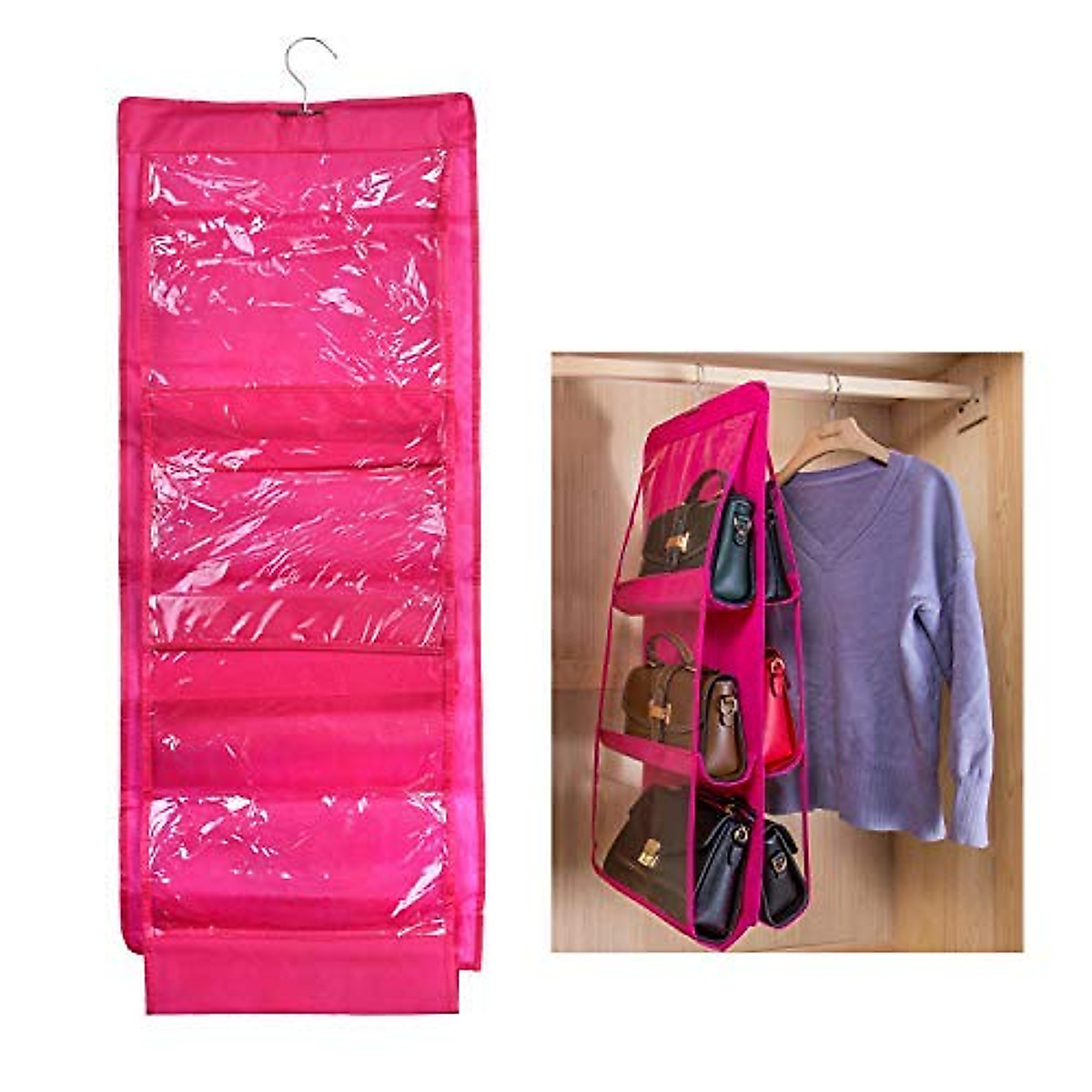 Kare & Kind Hanging Handbag Purse Tote Clutch Organizer Holder (Hot Pink) - Space Saver for Wardrobe, Closet Storage - Dust-Proof with 360° Swivel Hook and 6 Transparent Pockets - Gift, Travel, Home