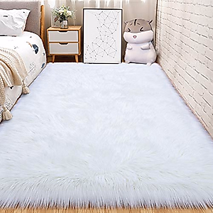 Andecor Soft Fluffy Faux Fur Bedroom Rugs 3 x 5 Feet Indoor Wool Sheepskin Area Rug for Girls Baby Living Room Chair Sofa Home Decor Floor Carpet, White
