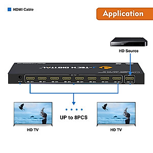 J-Tech Digital JTD3DSP0108 8-Port HDMI v1.3 1-Input 8-Output 1x8 1080P HDMI Splitter