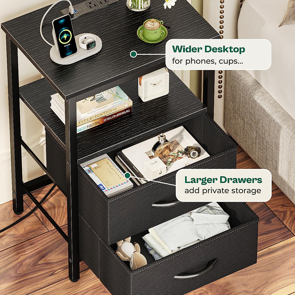 Huuger Night Stand with Charger Station and LED Lights, 2 Drawer Nightstand, Bed Side Table with Open Shelf, End Table, Fabric Dresser for Bedroom, Black