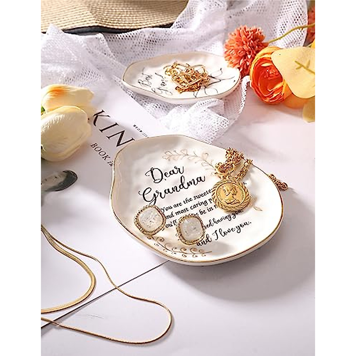 HAYATTEE Grandma Gifts Mothers Day Gfts for Grandma Jewelry Dish Tray with Beautiful Gift Box Gifts for Grandma Birthday Gifts for Women Ceramic Trinket Dish, Set of 2