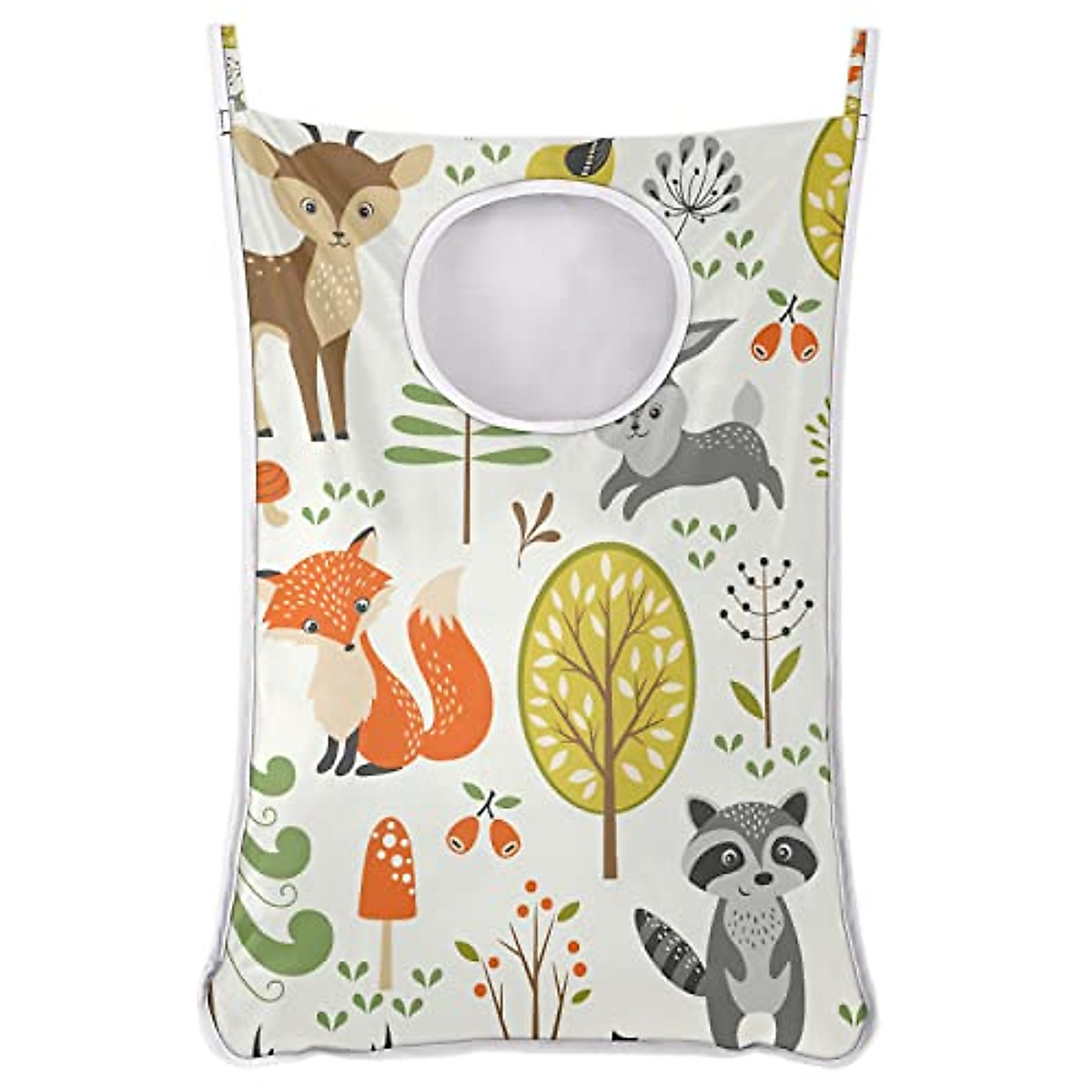 Woodland Animals Hanging Laundry Hamper Bag with 2 Door Hooks, Fox Elk Bear Mushroom Holding Dirty Clothes Bag, Saving Space Hanging Laundry Bag for Door Wall, Closet, Bathroom