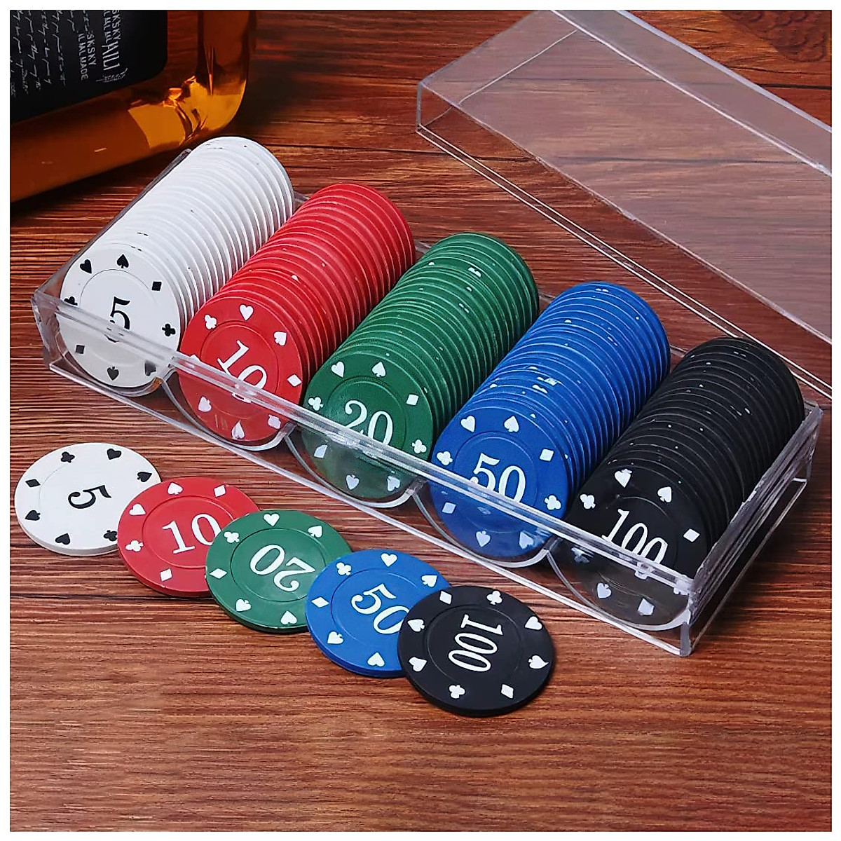 Lynkaye 100 Pcs Poker Chips with Storage Box, Plastic Poker Card Chips with Denomination Printed Number for Texas Home Nights, Learning Math Counting, Bingo, Family Game Token