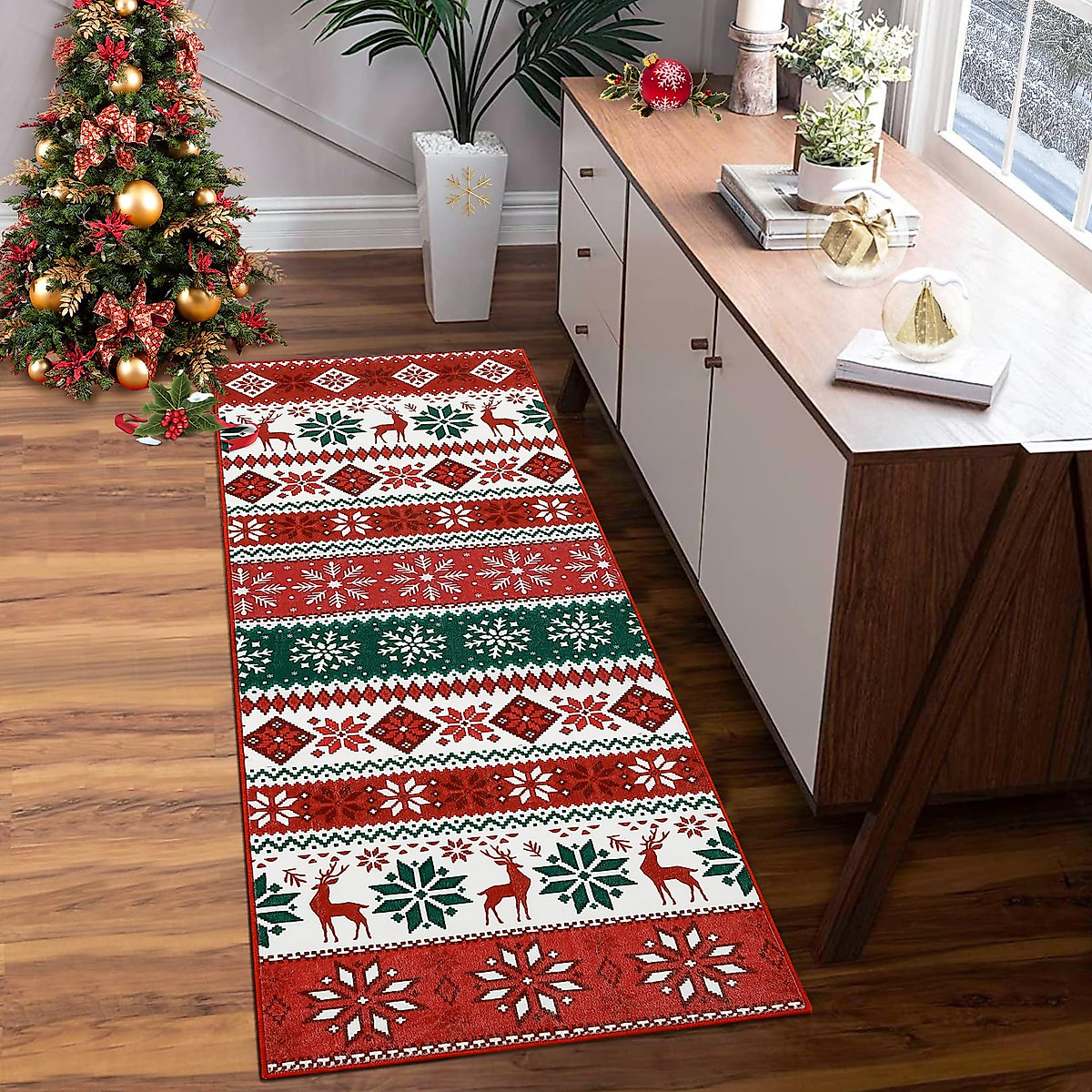 ROYHOME Hallway Runner Rug 2x6 Washable Christmas Runner Indoor Non-Slip Xmas Decorative Throw Floor Covers Boho Accent Festival Xmas Rug Farmhouse Rug Geometric Carpet for Living Room Bedroom, Red