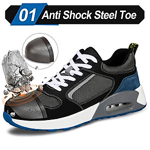 LAoutun Steel Toe Shoes for Men Women Slip Resistant Safety Shoes Lightweight Indestructible Shoes Puncture Resistant Steel Toe Work Shoes Black Blue Size 9.5