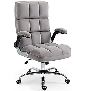 AVAWING Velvet Office Chair w/Wheels, Executive Computer Desk Chair w/Adjustable Tilt Angle and Flip-up Arms, High-Back Ergonomic Padding Chair, Grey
