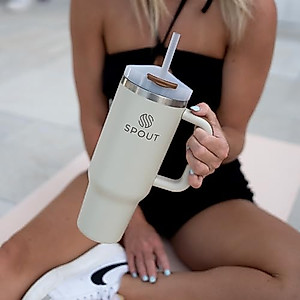 SPOUT 40 oz Tumbler With Handle And Straw, Insulated Stainless Steel Water Bottle With Straw - Travel Mug | BPA Safe Tumblers | Iced Drinks, Water, Cold/Hot Coffee - Cupholder Friendly - Cream