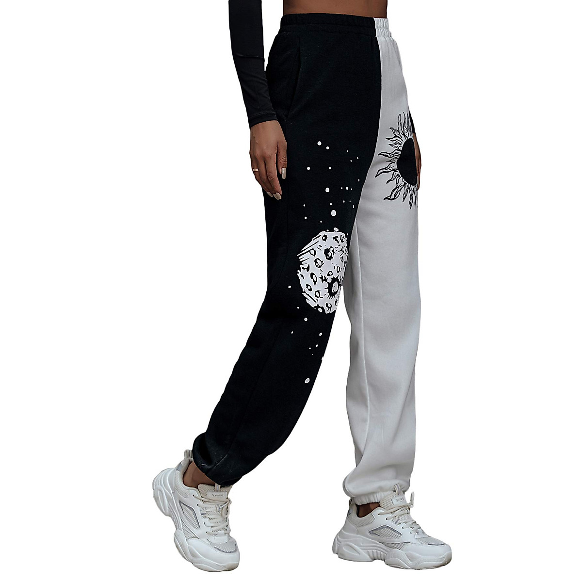 SOLY HUX Women's Graphic Letter Print Elastic Waist Sweatpants Color Block Cozy Running Joggers Pants Black White Sun XS