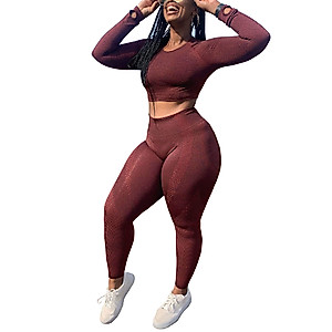 NAKAAH Workout Sets for Women Seamless High Waist Cute Crop Tops Yoga Two Piece Outfits for Women Sun Dried Tomato L