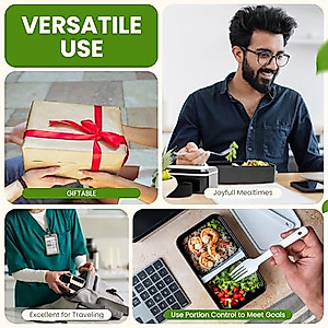 Adult Bento Box Lunch Box with Containers & Utensils - Leak Proof Bento Lunch Box for Adults - 2-Compartments w/ Handles, Sturdy, BPA-Free, Indoor, Outdoor, Gym, 5" x 7" x 4.5", Black Food Container